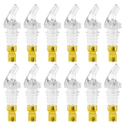 (Pack of 12) Measured Liquor Pourers, 1.5 oz, No Collar Clear Spout Bottle Pourer with Yellow Tail