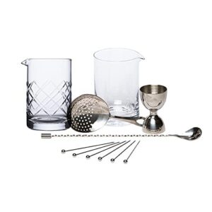 a bar above diamond cut mixing glass + 10pc bar set (silver bundle) - professional bar mixing glass + 10 piece stirred craft cocktail set w/mixing glass, bar spoon, bell jigger, cocktail picks & more