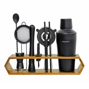 urban vii cocktail shaker set & bartender kit with bamboo stand, 12-piece bartending kit for bar cart and home bar, mixology bartender kit & cocktail set, matte black