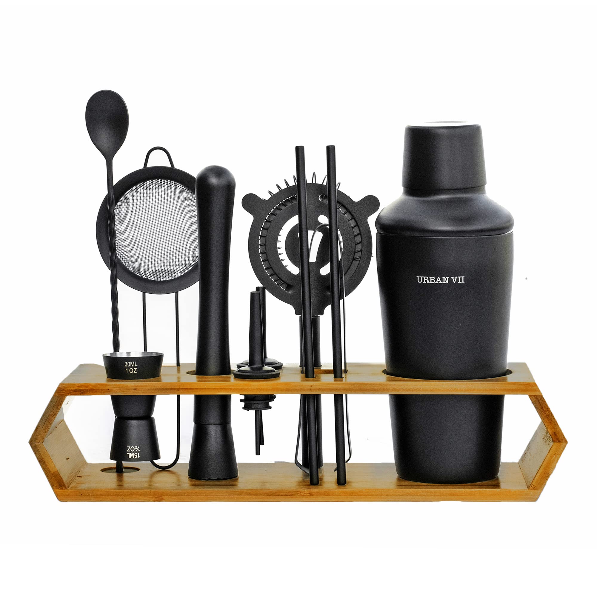 URBAN VII Cocktail Shaker Set & Bartender Kit with Bamboo Stand, 12-Piece Bartending Kit for Bar Cart and Home Bar, Mixology Bartender Kit & Cocktail Set, Matte Black