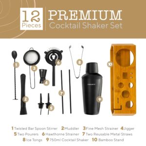 URBAN VII Cocktail Shaker Set & Bartender Kit with Bamboo Stand, 12-Piece Bartending Kit for Bar Cart and Home Bar, Mixology Bartender Kit & Cocktail Set, Matte Black