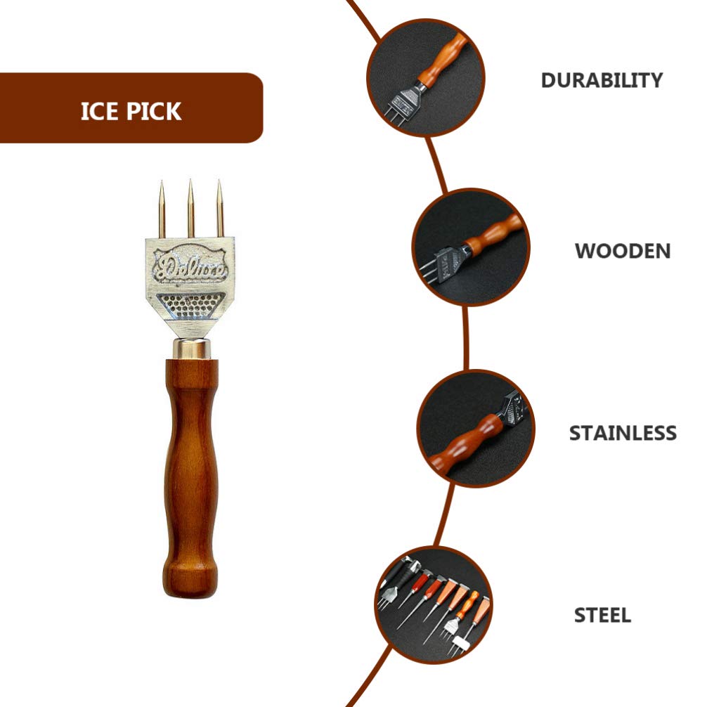 DOITOOL Ice Pick Stainless Steel Ice Crusher with Safety Wood Handle for Kitchen Tool, Three Prong Ice Pick Japanese Style Ice Chipper Bar Ice Picker Tool