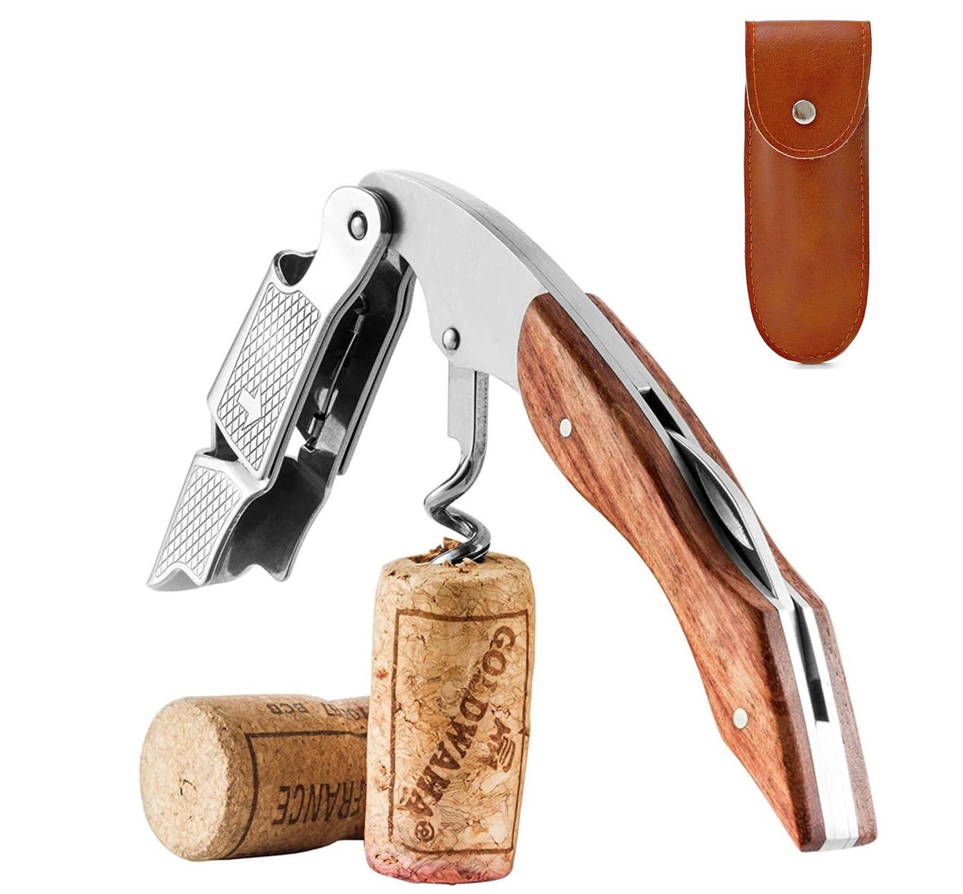 Wine Opener - Professional Corkscrew for Wine Bottles w/Foil Cutter and Cap Remover - Manual Wine Key for Servers, Waiters, Bartenders and Home Use. With its leather pouch.