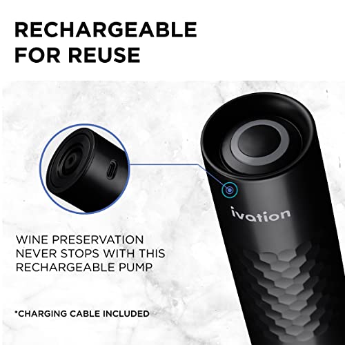 Ivation Rechargeable Wine Saver Pump with Reusable Stoppers, 6-Piece Wine Saver Preserver Gift Set with Automatic Vacuum Pump Sealer, USB Charger & 4 Universal Bottle Plugs