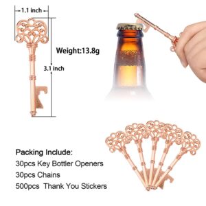 ZSHENJK 30 PCS Key Bottle Openers with 500 Thank You Stickers,Tag Cards,Key Chains,Vintage Skeleton Key Bottle Opener for Wedding Party Favors/Christmas/Birthday (Rose Gold)