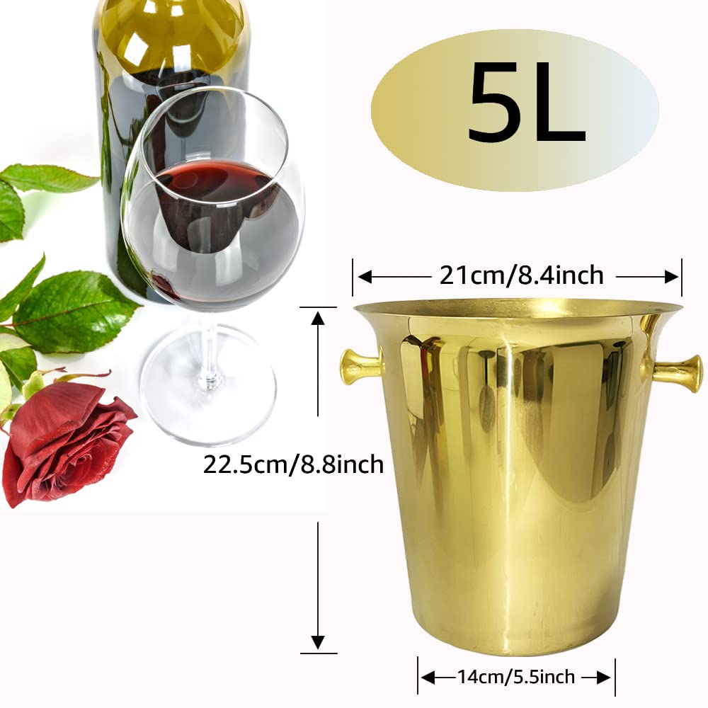 Champagne Ice Bucket,Ice Bucket for Parties,Stainless Steel Ice Bucket Champagne Cooler Chiller,5L Wine Cooler Great for Home Bar Beer,Gold