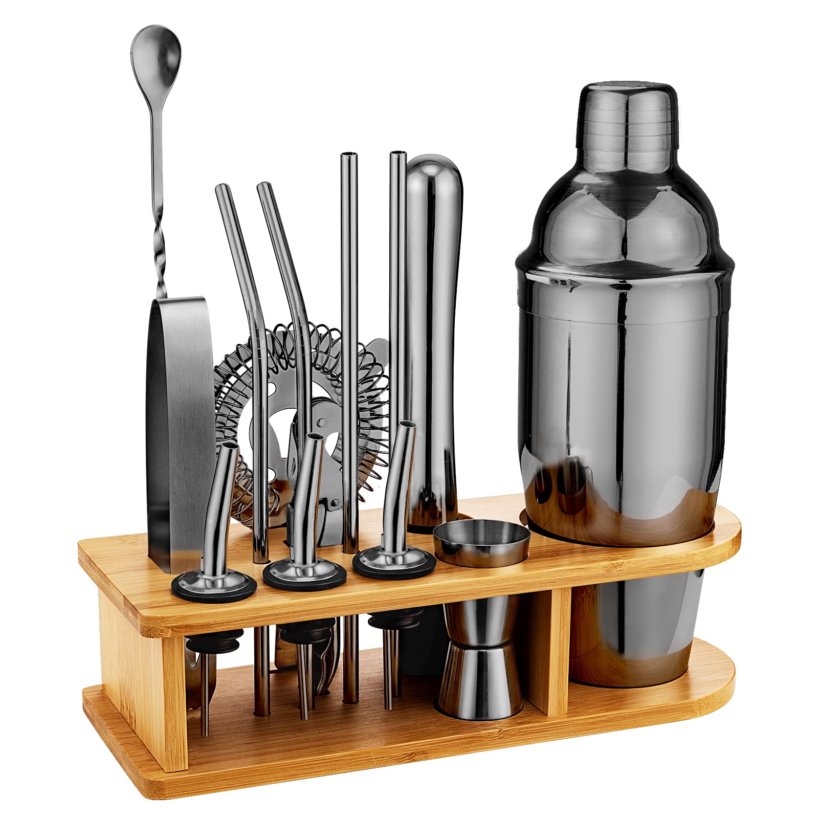 17 Pieces Cocktail Shaker Set with Bamboo Stand,Gifts for Men Dad Grandpa,Stainless Steel Bartender Kit Bar Tools Set,Home, Bars, Parties and Traveling (Bamboo Wood Black)