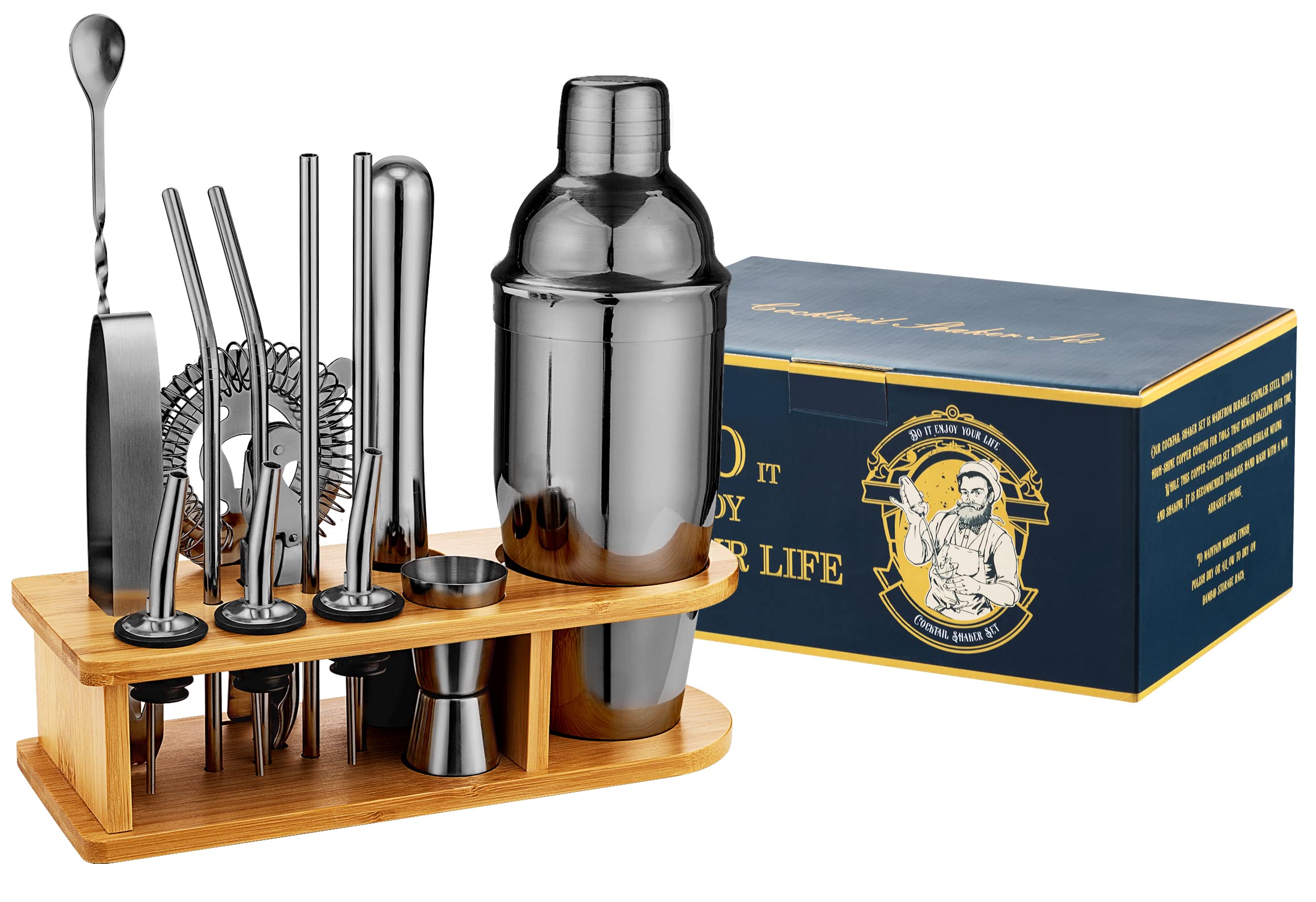 17 Pieces Cocktail Shaker Set with Bamboo Stand,Gifts for Men Dad Grandpa,Stainless Steel Bartender Kit Bar Tools Set,Home, Bars, Parties and Traveling (Bamboo Wood Black)