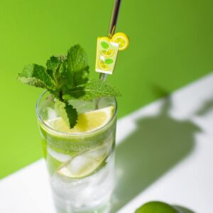 Nod Products Steel Straws with Engraved Recipes and Silicone Charms Strawtails, 8-inch Length, Set of 4, Mint Mojito