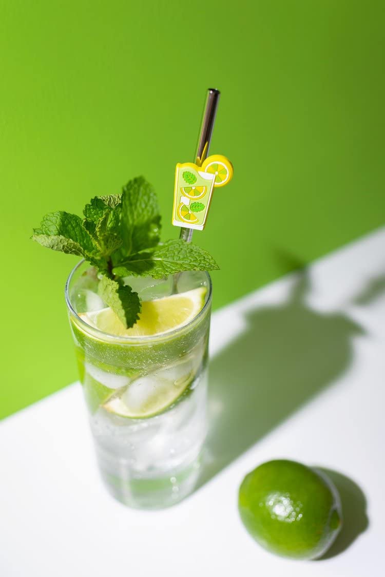 Nod Products Steel Straws with Engraved Recipes and Silicone Charms Strawtails, 8-inch Length, Set of 4, Mint Mojito