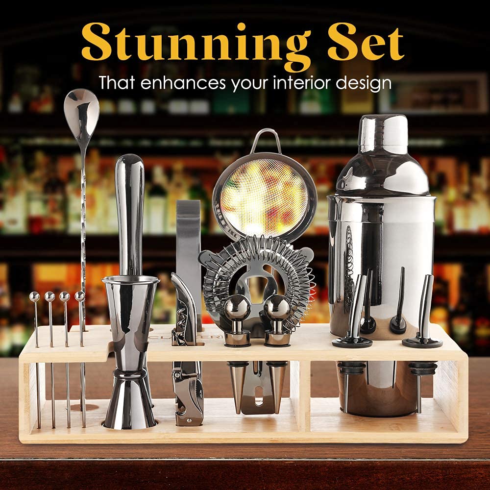 23-Piece Mixology Bar Kit Cocktail Shaker Set - Bartender Kit with Stylish Bamboo Stand - Home Bar Tools and Martini Drink Mixer Gift Set with Recipe Book