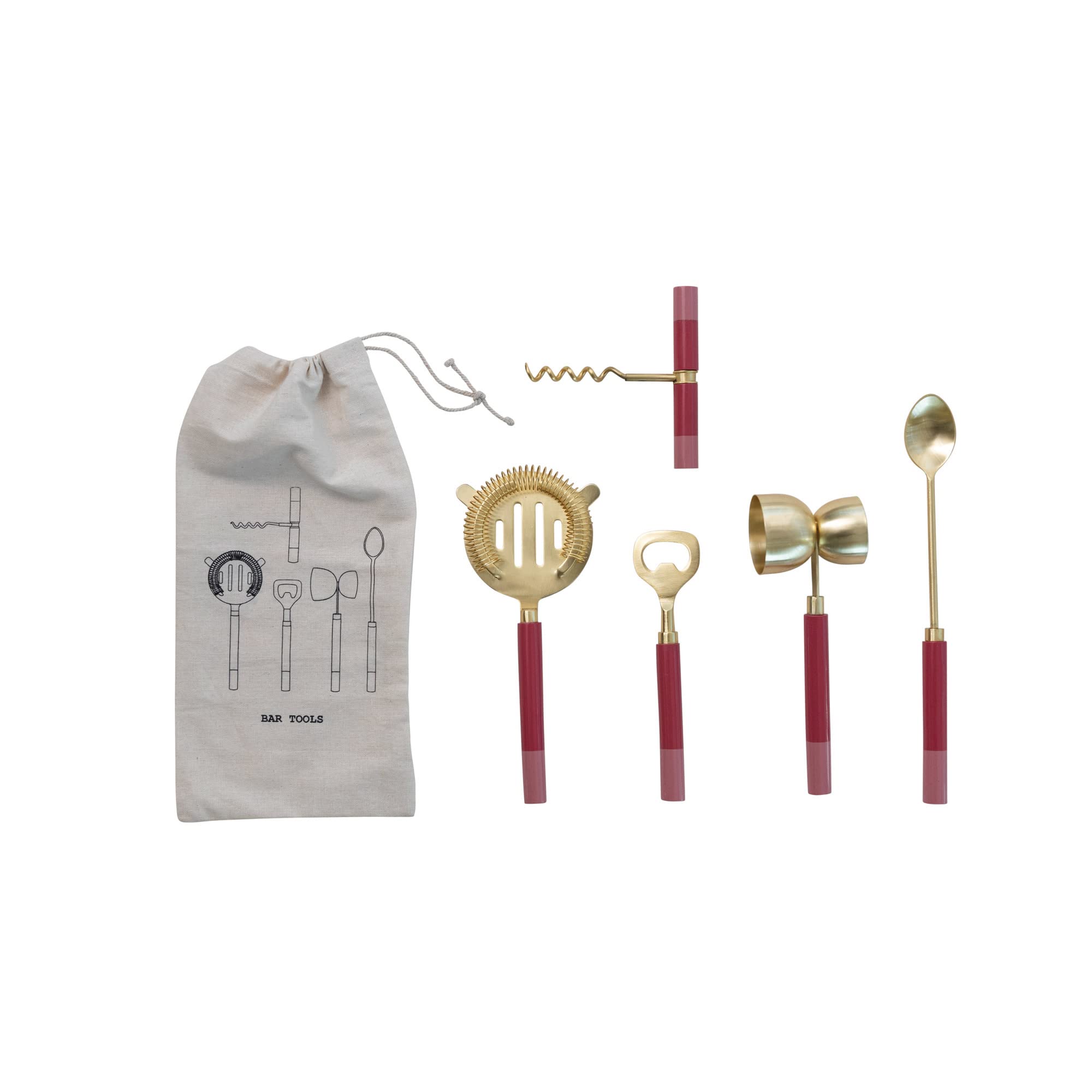 Creative Co-Op Stainless Steel 2-Tone Resin Handles in Drawstring Bag, Gold Finish Bar Tools, Pink