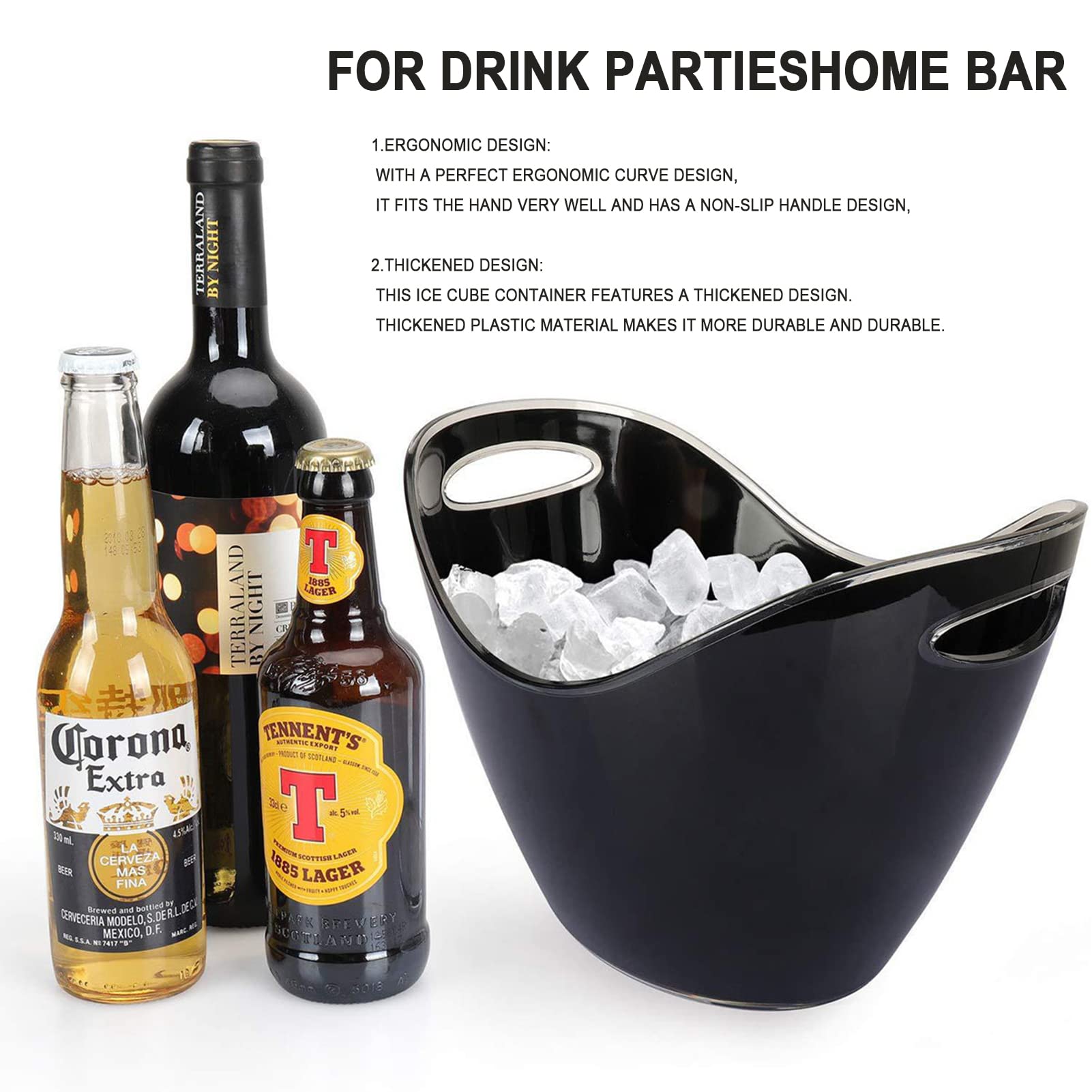 Raincol Ice Bucket Black Acrylic 8 Liter Plastic Tub For Drinks and Parties, Food Grade, Holds 5 Full-Sized Bottles and Ice