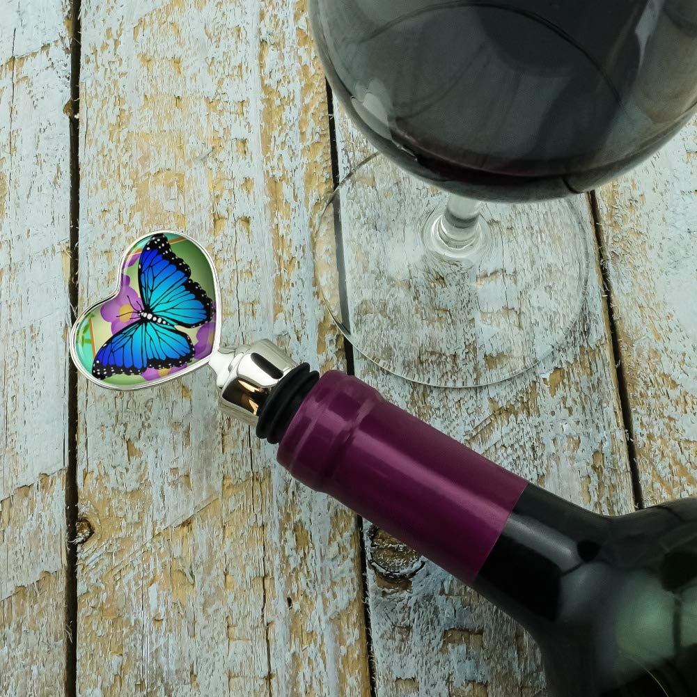 Blue Butterfly Purple Flowers Heart Love Wine Bottle Stopper