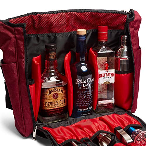 VADCAD Travel Bar Red & Black, Water Resistant, Bartending Supplies, Pockets for Carrying Cocktail Kit (Bag Only), 13.8H X 12.5W X 4.7D, Crimson Red