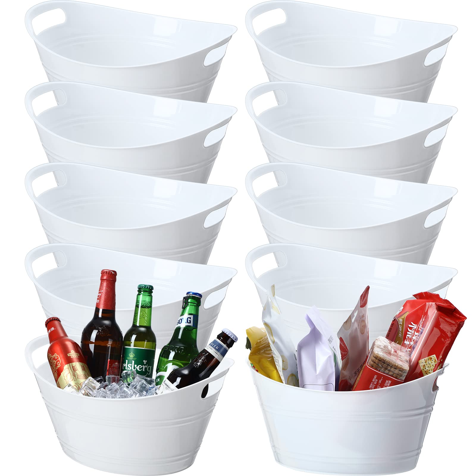 10 Pcs 4.5 Liter Oval Storage Tub Ice Bucket Champagne Bucket with Handles White Plastic Bucket for Wine Beer Beverage Parties, Holds 6 Beer Bottle or 3-4 Champagne, 12.25 x 9.5 x 6.75 Inch