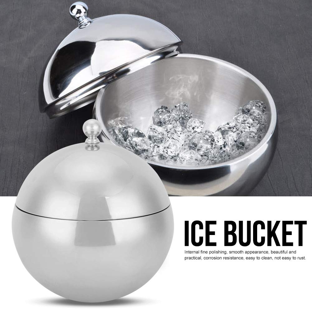 Ice Bucket Stainless Steel Spherical Double-layer Ice Bucket Stainless Steel Double Wall Insulation Ice Bucket Container Wine Champagne Barrel with Cover for Wedding Parties