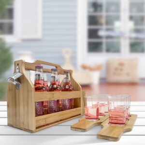 Sorbus Wooden Bottle Caddy with Opener & Sampler Boards, Drink Holder for Beer, Soda, Perfect for Bar, Pub, Restaurant, Brew Fest Party, and More, Bamboo