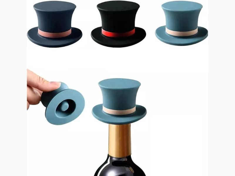 Funny And Classy Wine Stopper Silicone Decorative Hat, Reusable Gentleman Hat Cork for Whisky, Gin, Vodka, Tequila, Beer, Champagne, Magic Wine Preserver Gift for Wine Lovers (3PK- Black, Green, Blue)