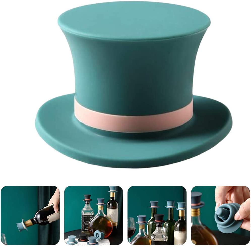 Funny And Classy Wine Stopper Silicone Decorative Hat, Reusable Gentleman Hat Cork for Whisky, Gin, Vodka, Tequila, Beer, Champagne, Magic Wine Preserver Gift for Wine Lovers (3PK- Black, Green, Blue)