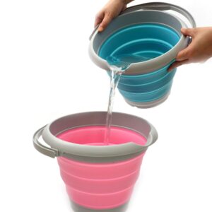 SAMMART 3 pcs. 5L / 1.32 gallons Collapsible Plastic Bucket (5L Round Set of 3, Bright Green+Bright Blue+Pink)