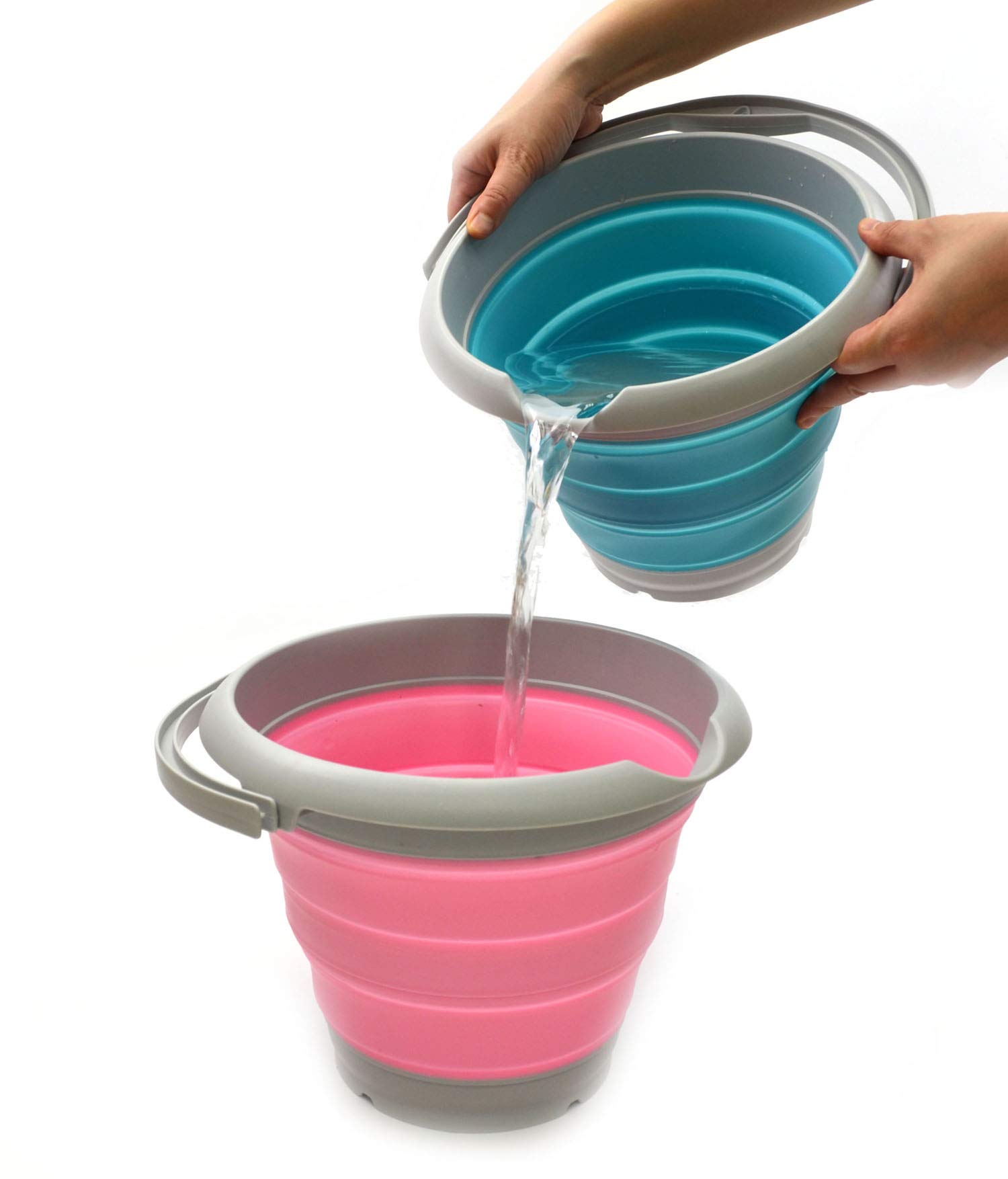 SAMMART 3 pcs. 5L / 1.32 gallons Collapsible Plastic Bucket (5L Round Set of 3, Bright Green+Bright Blue+Pink)