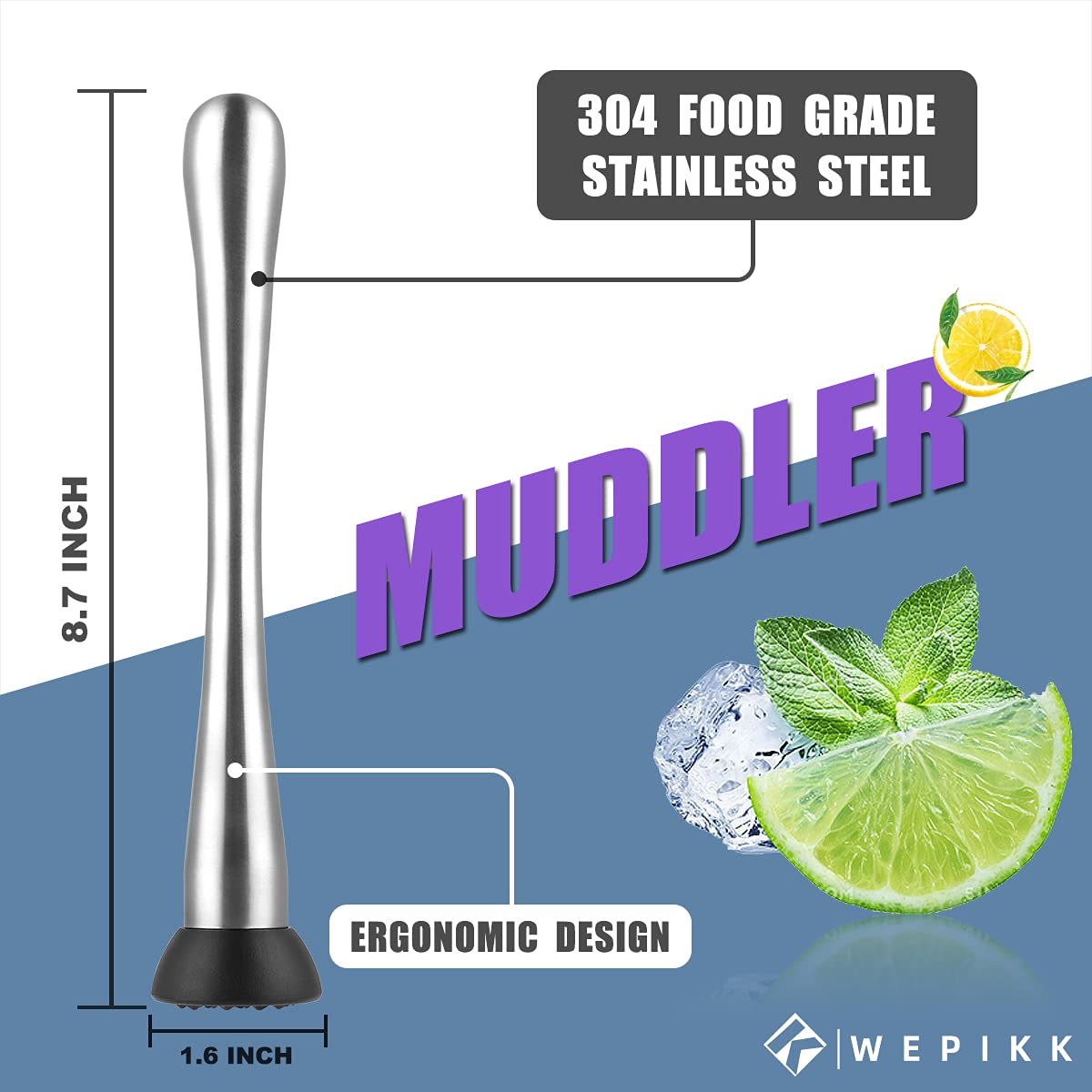 Wepikk Cocktail Muddler Stainless Steel 8.7 Inch Fruit Ice Crusher Bar Tools Bartender Set 1 Pcs for Mojito Mint and Other Fruit Based Drinks