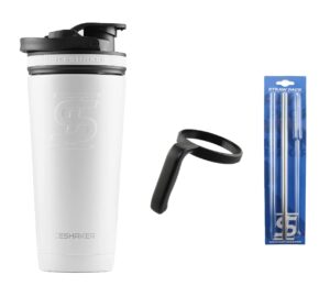 ice shaker bundle pack 26 oz shaker bottle, white + slip-on handle + reusable straw pack