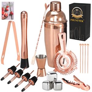 19pcs cocktail shaker set bartender kit, 24oz cocktail shaker drink mixer rose gold stainless steel bar set with muddler for cocktails, cocktail picks, mixing spoon, strainer, jigger, bar accessories