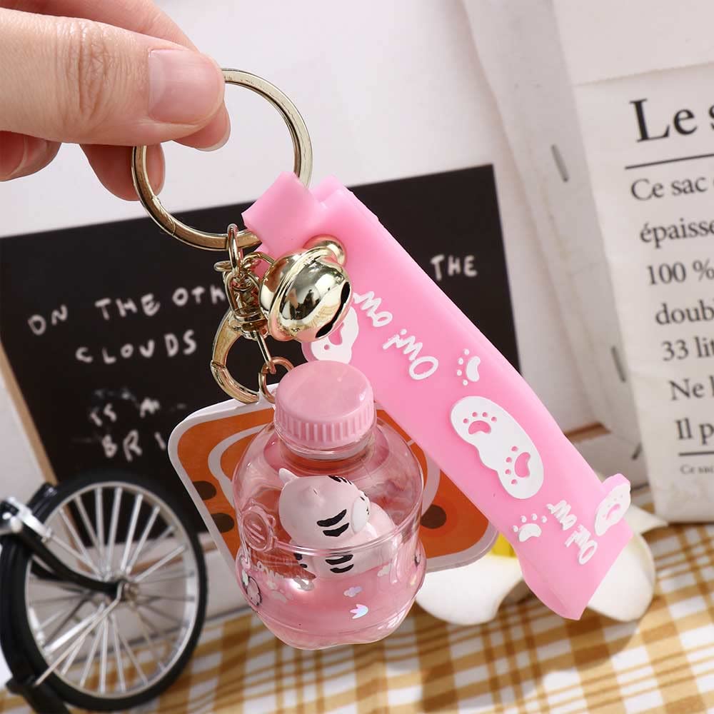 Keychain, Tiger Quicksand Keychain, Liquid Oil Soda Bottle Tiger Keyring, Fat Tiger Bag Pendant, Floating Peal Keyring(Soda Bottle,white)