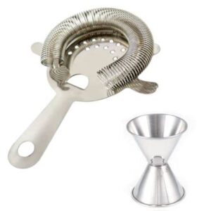 Mnixy STR-4-PRO 4 Prong Strainer with Tight Coil and Double Sided Jigger Cocktail, Stainless Steel, Silver