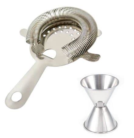 Mnixy STR-4-PRO 4 Prong Strainer with Tight Coil and Double Sided Jigger Cocktail, Stainless Steel, Silver