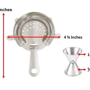 Mnixy STR-4-PRO 4 Prong Strainer with Tight Coil and Double Sided Jigger Cocktail, Stainless Steel, Silver