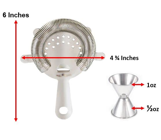 Mnixy STR-4-PRO 4 Prong Strainer with Tight Coil and Double Sided Jigger Cocktail, Stainless Steel, Silver