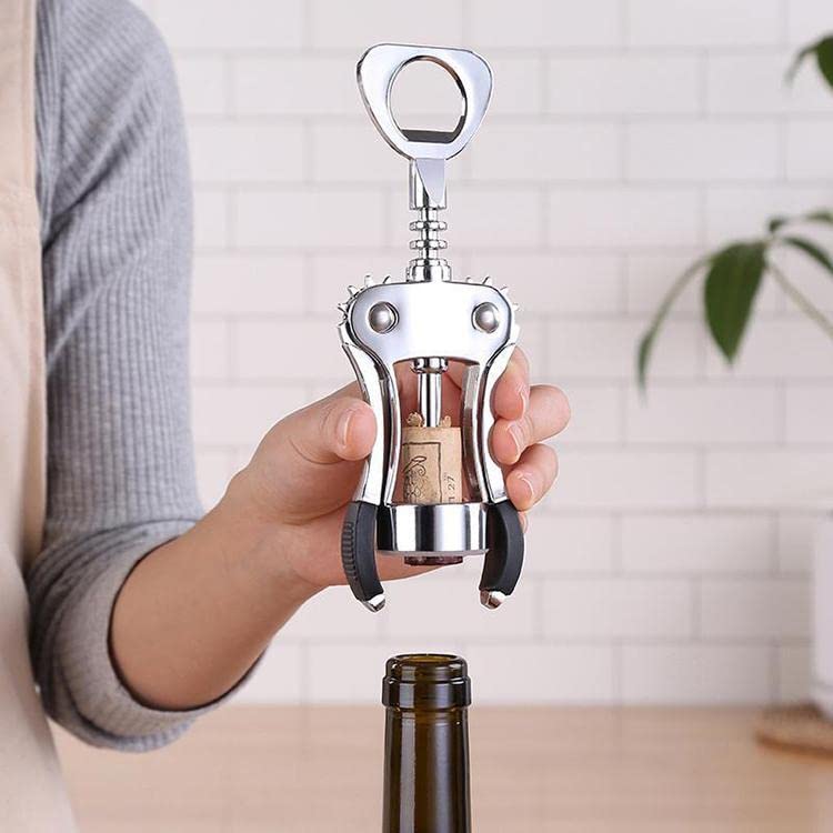 Zinc Alloy Wing Corkscrew, Multifunctional Wine Bottle Opener and Beer Cap Remover. For Restaurant Bar, Kitchen Home Use., Silver, 7.3x4.1X1.5