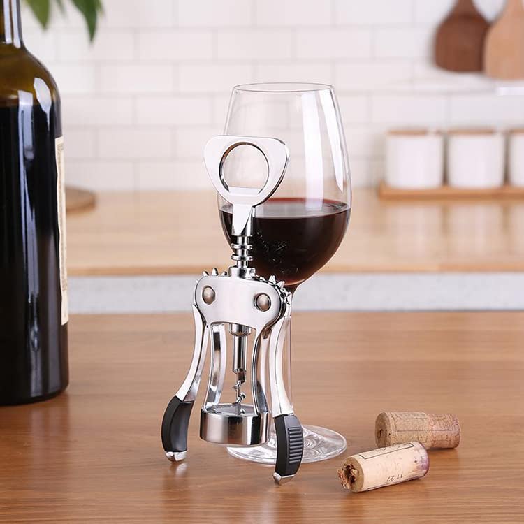 Zinc Alloy Wing Corkscrew, Multifunctional Wine Bottle Opener and Beer Cap Remover. For Restaurant Bar, Kitchen Home Use., Silver, 7.3x4.1X1.5