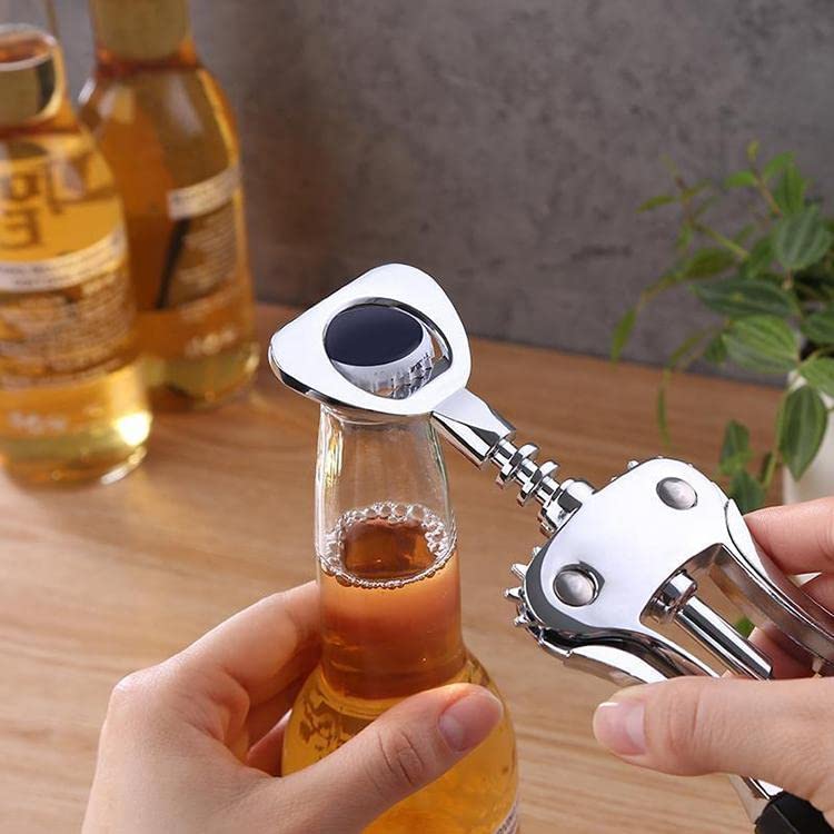 Zinc Alloy Wing Corkscrew, Multifunctional Wine Bottle Opener and Beer Cap Remover. For Restaurant Bar, Kitchen Home Use., Silver, 7.3x4.1X1.5