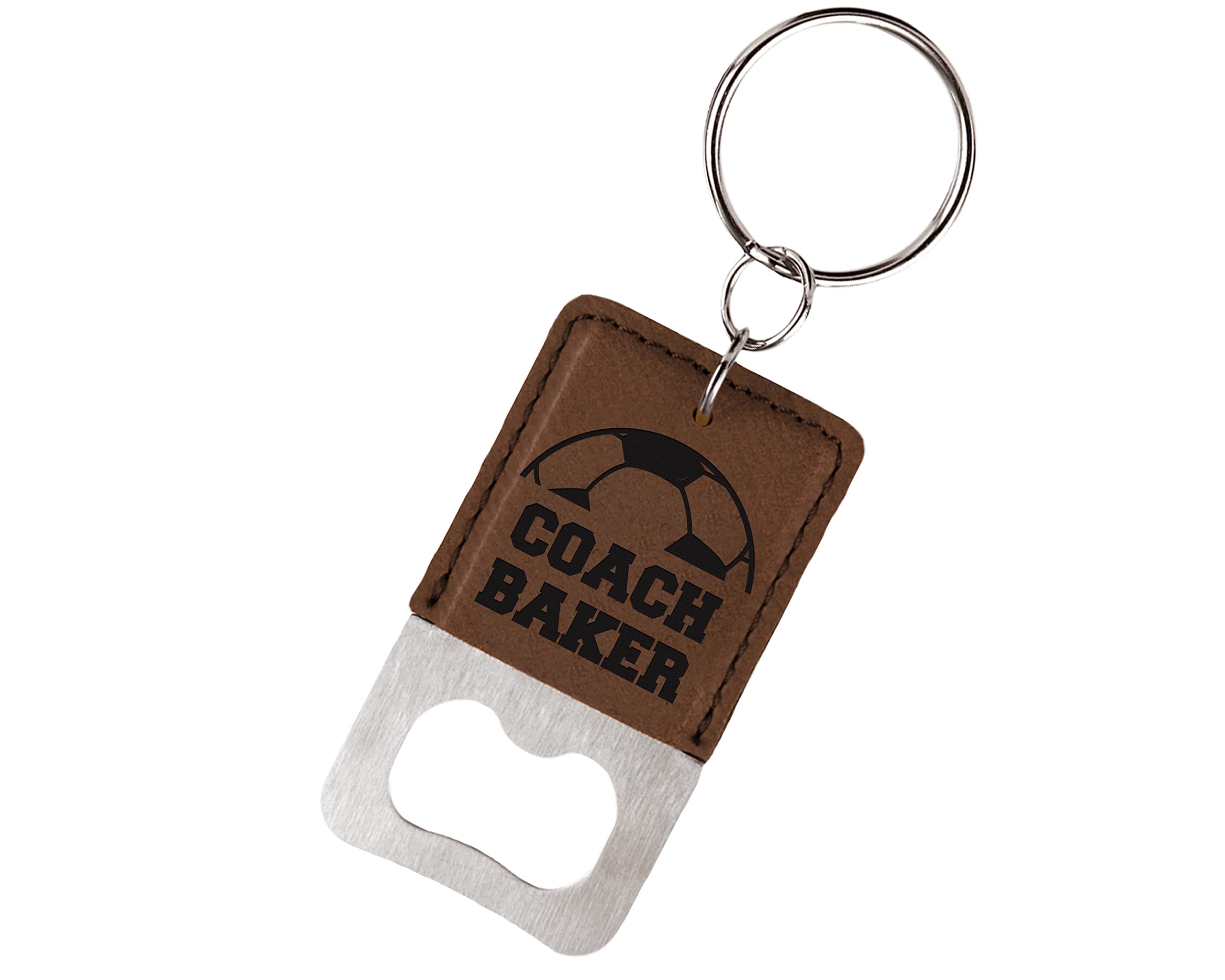 Alterd Industries Personalized Football Coach Gifts - Baseball Basketball Soccer Volleyball Tennis Bottle Opener Coach Gift End of Season Assistant Coaching Keychain (Brown/Black, Soccer)