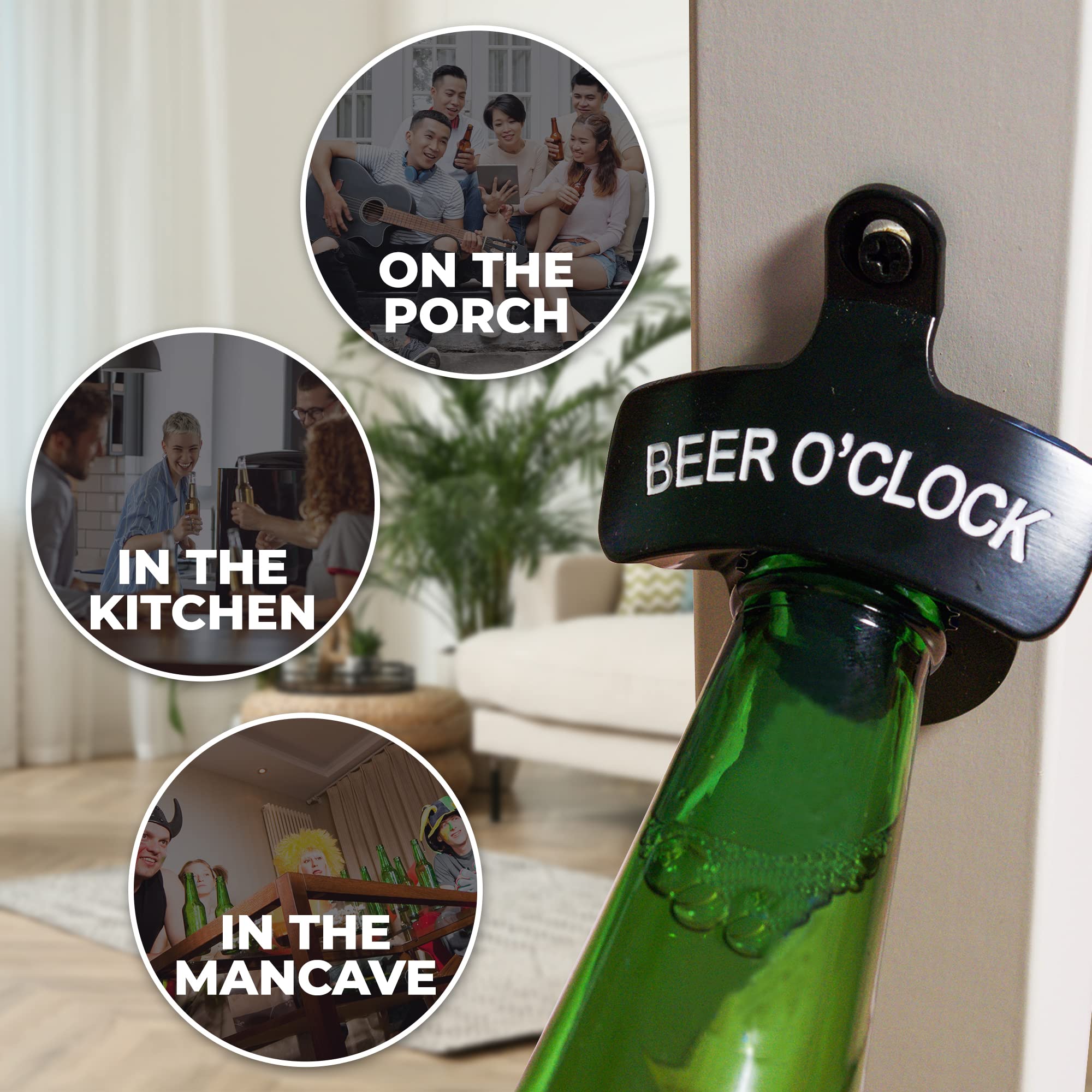 Beer O'Clock Wall Mounted Bottle Opener and Bottle Cap Catcher Bundle, Wall Mounted Beer Opener, Beer Accessories for Men and Women, Father's Day Gifts, Stainless Steel Bottle Openers for Kitchens