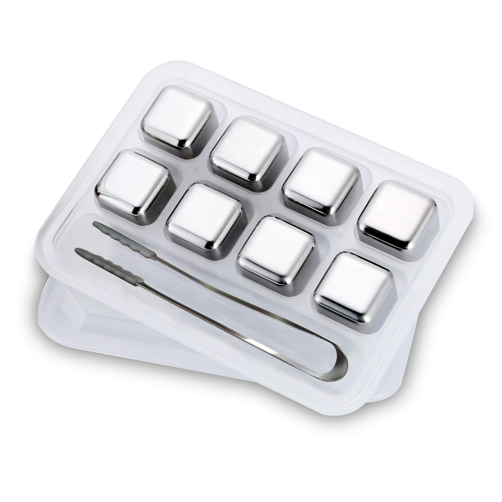 Tailored Royalty Reusable Stainless Steel Ice Cubes, 8PCS Whiskey Stones, Whiskey Cubes Tray and Ice Tong Bundle