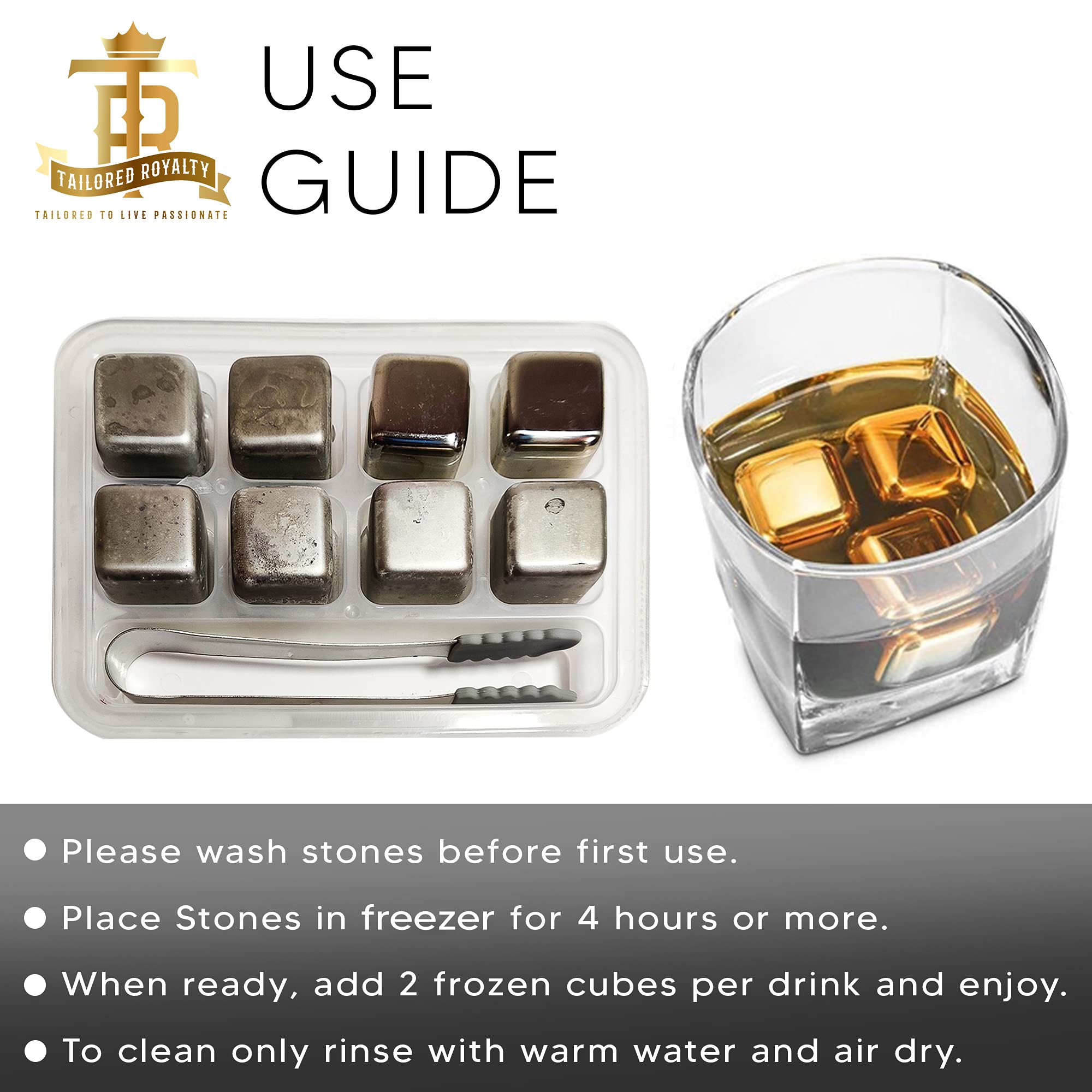 Tailored Royalty Reusable Stainless Steel Ice Cubes, 8PCS Whiskey Stones, Whiskey Cubes Tray and Ice Tong Bundle