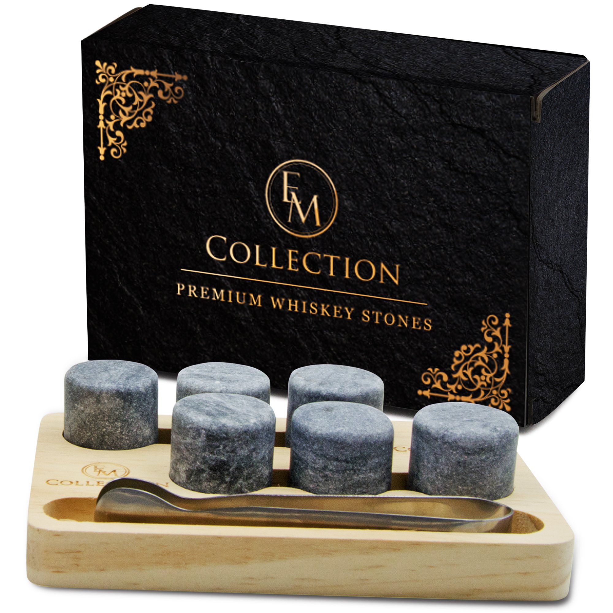 EMCOLLECTION Whiskey Stones Gift Set of 6 w/ Wooden Storage Tray & Forceps: Chill Any Beverage Without Dilution. Round Granite Rocks Cool a Cocktail or Scotch Better Than Ice