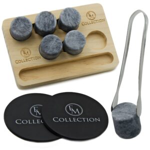 EMCOLLECTION Whiskey Stones Gift Set of 6 w/ Wooden Storage Tray & Forceps: Chill Any Beverage Without Dilution. Round Granite Rocks Cool a Cocktail or Scotch Better Than Ice