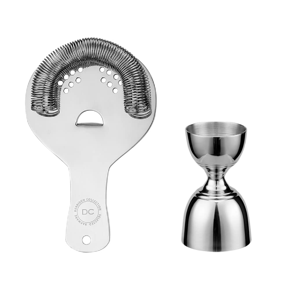 Derrison Bell Jigger and Hawthorne Strainer Bundle, Jigger with 0.5oz, 1oz, 1.5oz and 2oz Measuring Marks, Strainer with High Density Wire, Mirror Polished