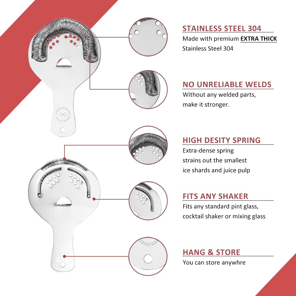 Derrison Bell Jigger and Hawthorne Strainer Bundle, Jigger with 0.5oz, 1oz, 1.5oz and 2oz Measuring Marks, Strainer with High Density Wire, Mirror Polished