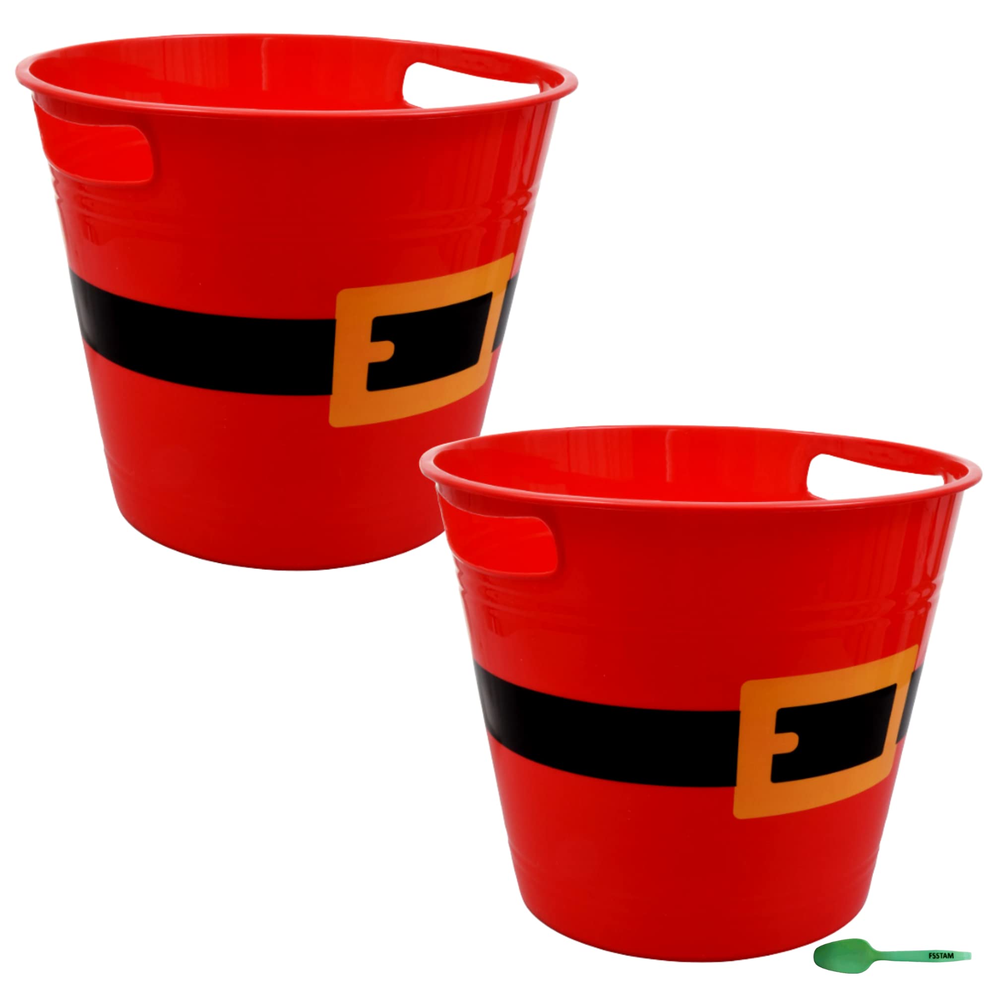 FSSTAM 8.32" Christmas Bucket, Plastic Santa Belt Buckets Red Round Tubs with Handles for Parties Storage Classroom Party Favors, Christmas Decorations, Pack of 2(with Exclusive FSSTAM Booskie)