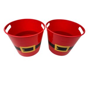 FSSTAM 8.32" Christmas Bucket, Plastic Santa Belt Buckets Red Round Tubs with Handles for Parties Storage Classroom Party Favors, Christmas Decorations, Pack of 2(with Exclusive FSSTAM Booskie)