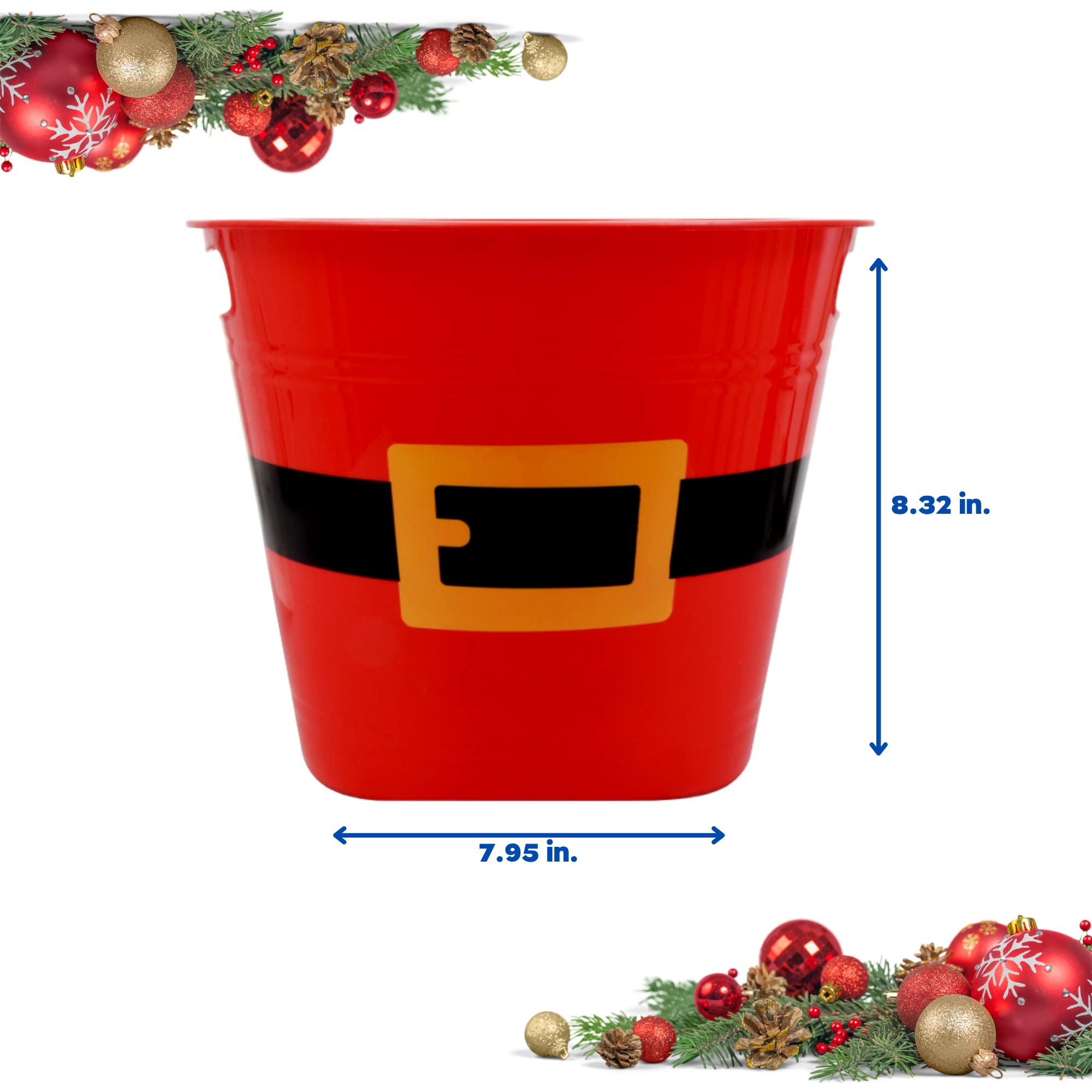 FSSTAM 8.32" Christmas Bucket, Plastic Santa Belt Buckets Red Round Tubs with Handles for Parties Storage Classroom Party Favors, Christmas Decorations, Pack of 2(with Exclusive FSSTAM Booskie)