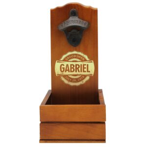 Custom Engraved Wood Wall Mounted Beer Soda Bottle Opener with Cap Catcher - Personalized with Bottle Cap Style (Red/Brown)