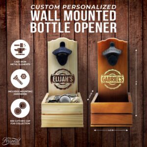 Custom Engraved Wood Wall Mounted Beer Soda Bottle Opener with Cap Catcher - Personalized with Bottle Cap Style (Red/Brown)